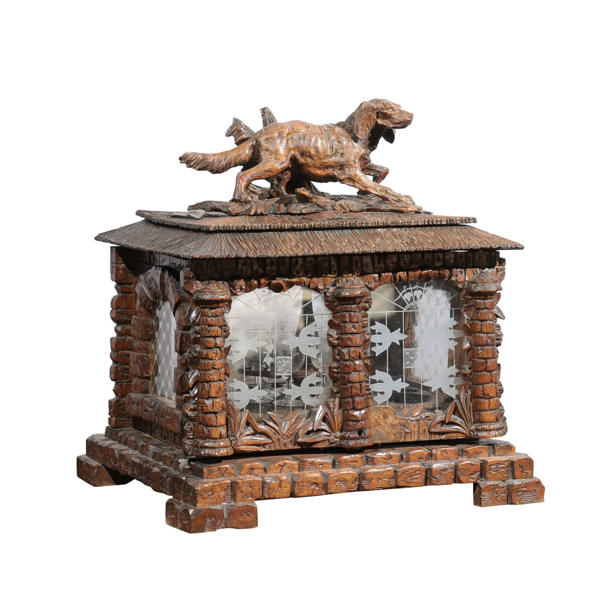 19th C Hand Carved Black Forest Box with Etched glass panels ...